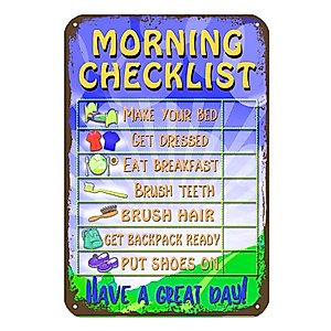 Daily Morning Routine Reward Chart For Kids And Autism - Tin Learning Calendar For Kids, Teaching Tool Vintage Wall Decor For Bedroom College Apartment Bar Club 8x12 Inch