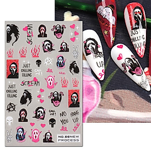 JMEOWIO 6 Sheets Pink Halloween Nail Art Stickers Decals Self-Adhesive Pegatinas Uñas Cute Skull Horror Ghost Witchy Spider Web Bat Spook Nail Supplies Nail Art Design Decoration Accessories