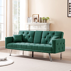 mikibama 76 Inch Futon Sofa Bed with Cup Holders, Linen Convertible Folding Futon Couch with Adjustable Backrest and Throw Pillows for Living Room, Tufted Sleeper Sofa with Metal Legs (Teal)