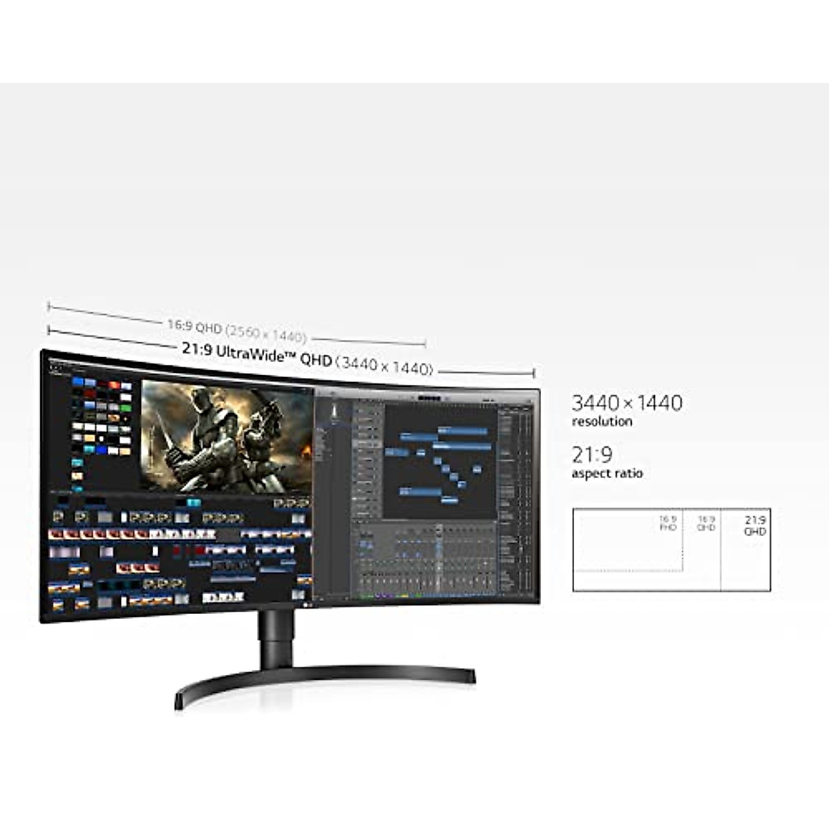 LG 34WL85C-B UltraWide 34” 21:9 Curved WQHD (3440 x 1440) IPS Display, sRGB 99% Color Gamut, HDR 10, Height / Tilt Adjustable Stand – Black