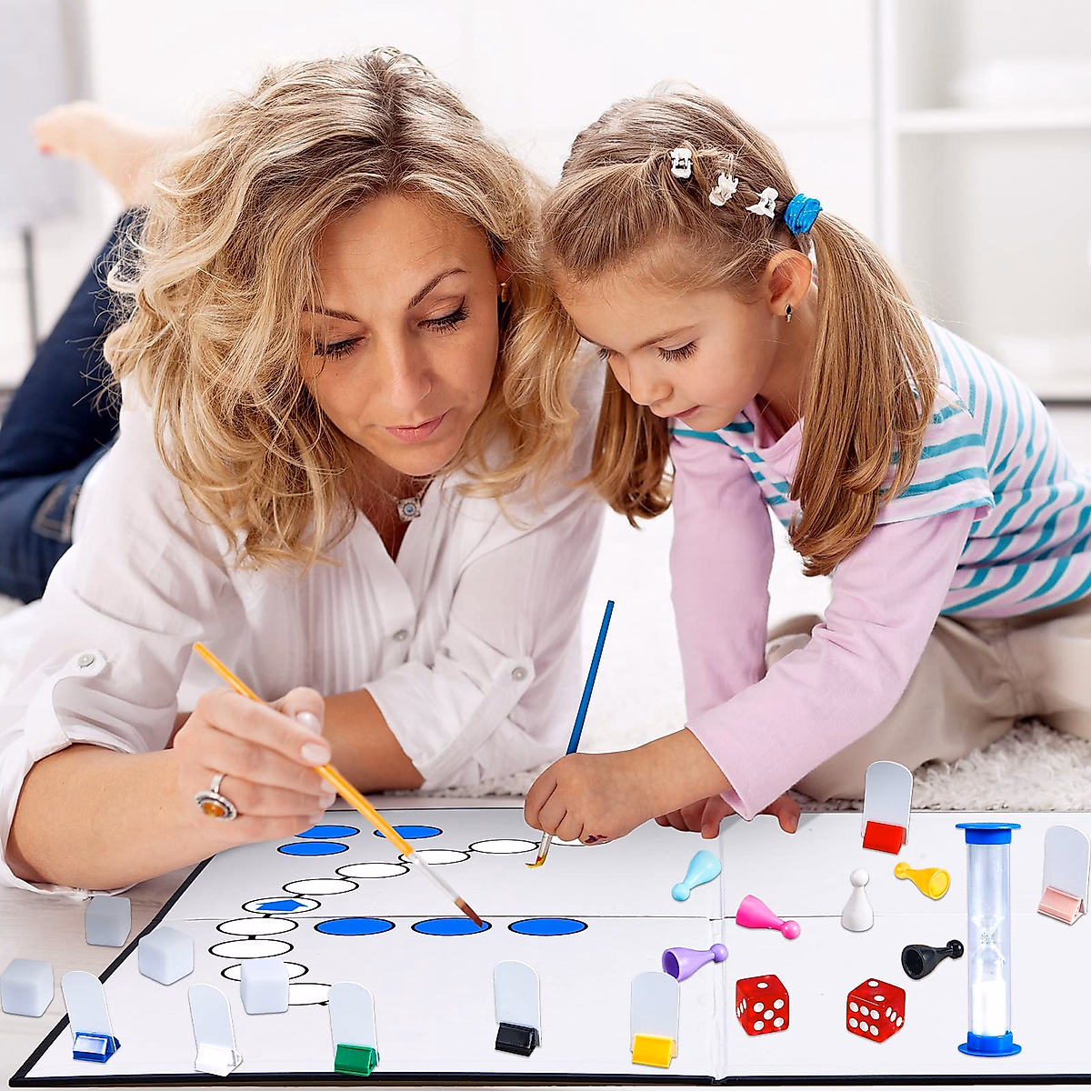 131 Pcs Create Your Own Board Game DIY Board Game Kit with Blank Playing Cards, Foldable Blank Game Board, Dice, Game Pieces, Playing Card Stands, Rule Sheet, Sand Timer for Family Board Games