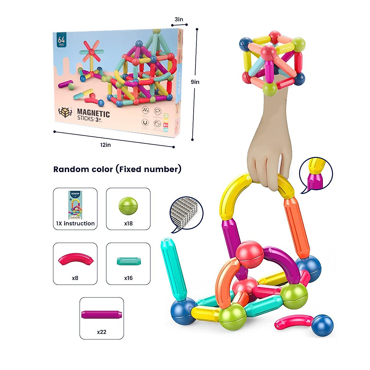 ROPECUBE 64 PCS Magnetic Balls and Rods Building Sticks Blocks Set, Children's Magnetic Building Blocks, 3D Magnetic Building Puzzle Toys. STEM Montessori Preschool Toys for Boys & Girls 3+