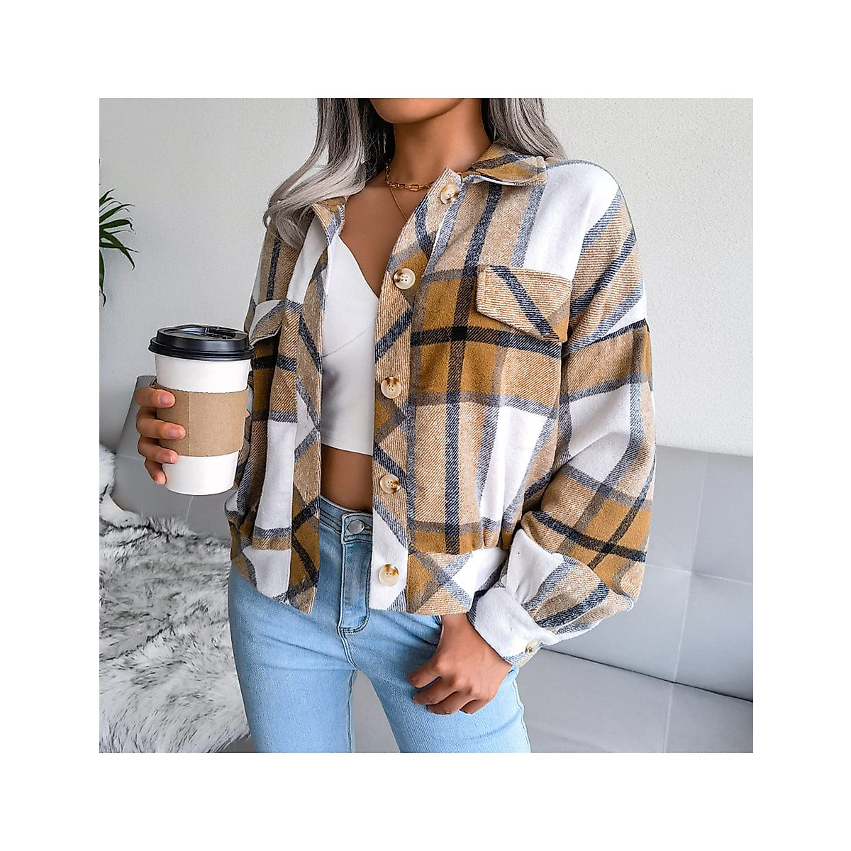 Womens Casual Plaid Shacket Long Sleeve Wool Blend Button Down Shirt Jacket Tops(Khaki,M)