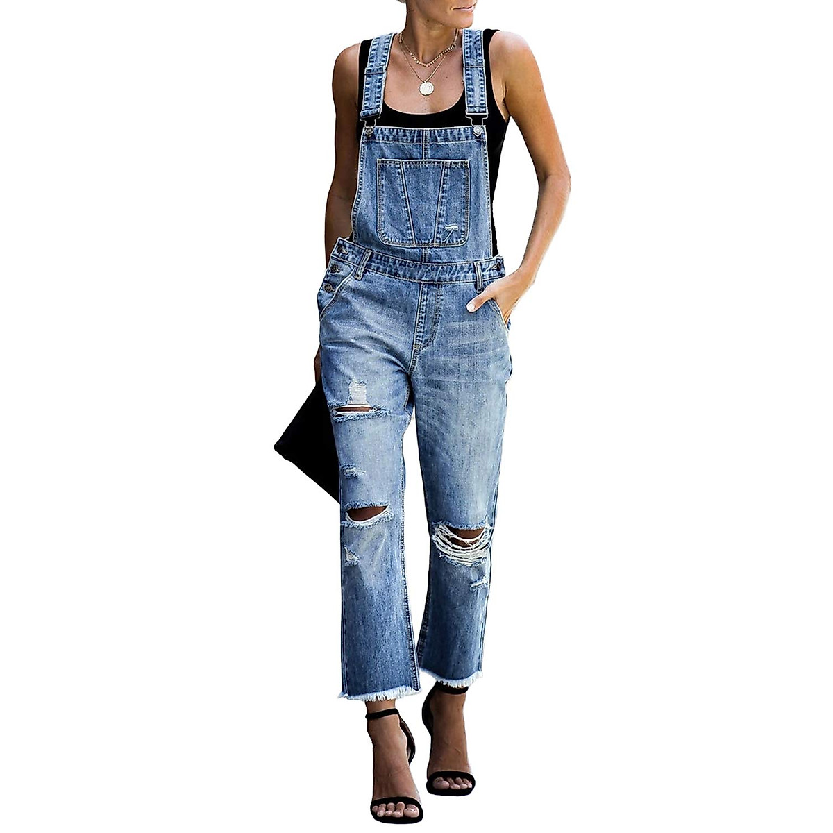 luvamia Women's Casual Distressed Adjustable Denim Bib Overalls Jeans Pants Jumpsuits Blue Size X-Large