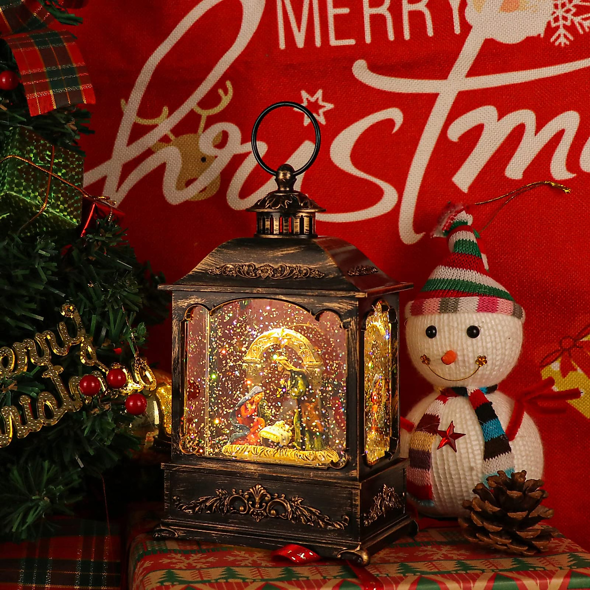 Wondise Christmas Muscal Snow Globe with Timer, USB Plug-in & Battery Operated Spinning Water Glitters Lighted Singing Snow Globe Lantern for Christmas Decorations