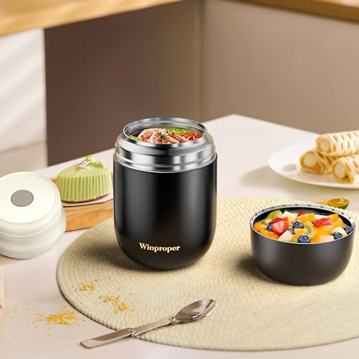Winproper 16OZ Food Container for Hot Food, Airtight Insulated Food Jar for Adult & Kids, Stainless Steel Vacuum Lunch Container, Kids Lunch Cup with Spoon, School, Office, Picnic, Outdoor, Black