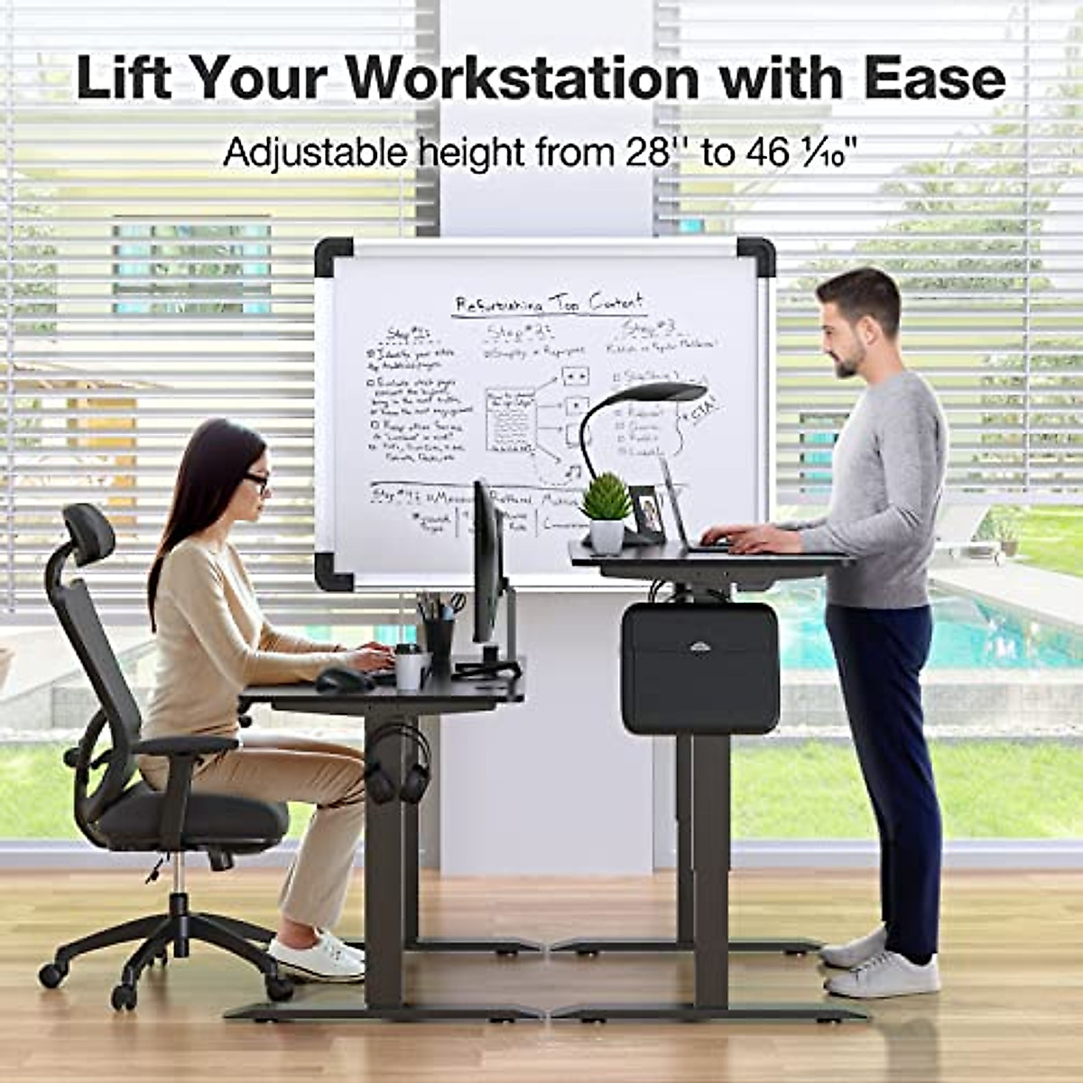 HappYard Height Adjustable Electric Standing Desk, 47 x 23 Inches Adjustable Desk w/ 4 Memory Button, Splice Board, 2 Hooks, 2 Outlet Boxes, Adjustable Height Computer Desk for Home Office, Black