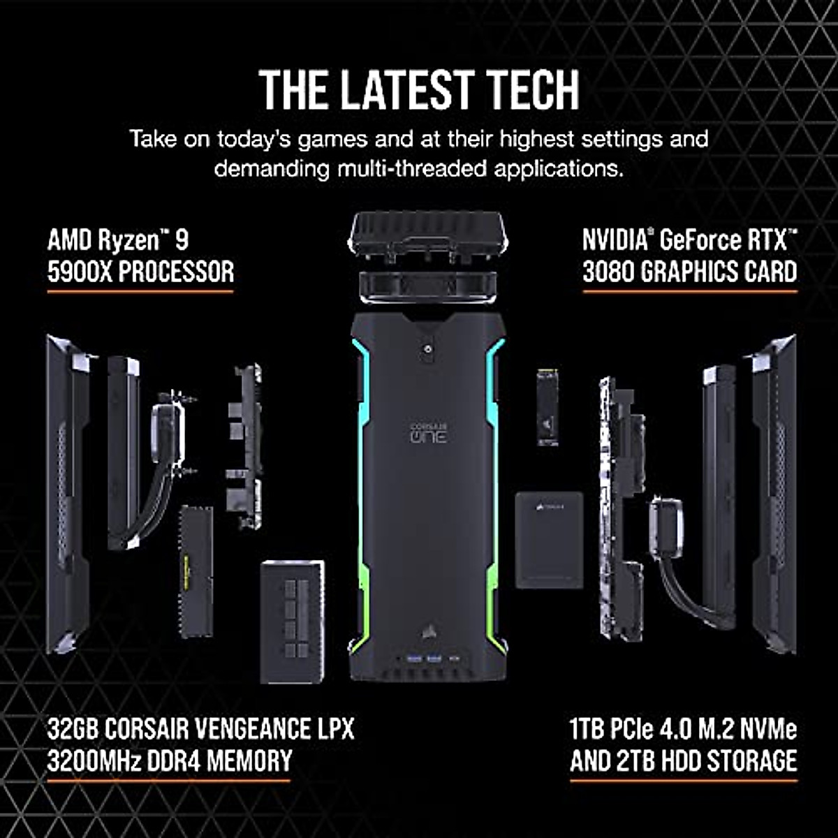 Corsair ONE a200 Compact Gaming PC - AMD Ryzen™ 9 5900X CPU - NVIDIA® GeForce RTX™ 3080 Graphics - 32GB Vengeance LPX DDR4 Memory, 1TB, Windows 10 Home