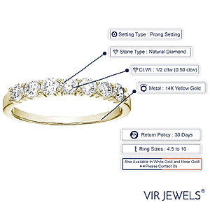 Vir Jewels 1/2 carat (ctw) Diamond Wedding Anniversary Band for Women, Round Diamond Engagement Ring 14K Yellow Gold Prong Set 0.50 cttw, Size 9