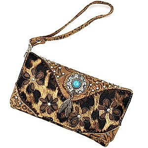 Leopard Animal Print Concealed Carry Feather Concho Country Vintage Western Trifold Crossbody Wallet (Leopard Gold)