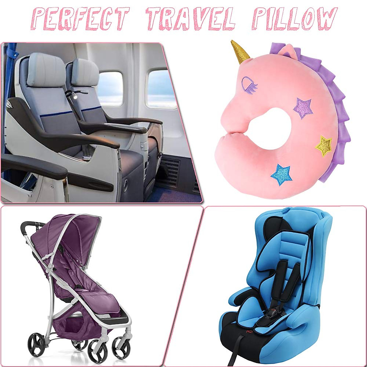 Kids Travel Pillow, Unicorn Neck Pillow for Traveling with Eye Mask, Toddler Neck Pillow, Kids Airplane Travel Essentials Road Trip Must Have, Cute Car Seat Headrest Pillow for Adult Child (Pink)