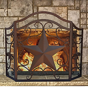 BestGiftEver 3-Panel Fireplace Screen Decorative with Stars & Scrolls Detail - Stand Alone Fireplace Cover Metal Mesh Screen - Home Decor for Cabin, Lodge, and Rustic Country Style Firescreen