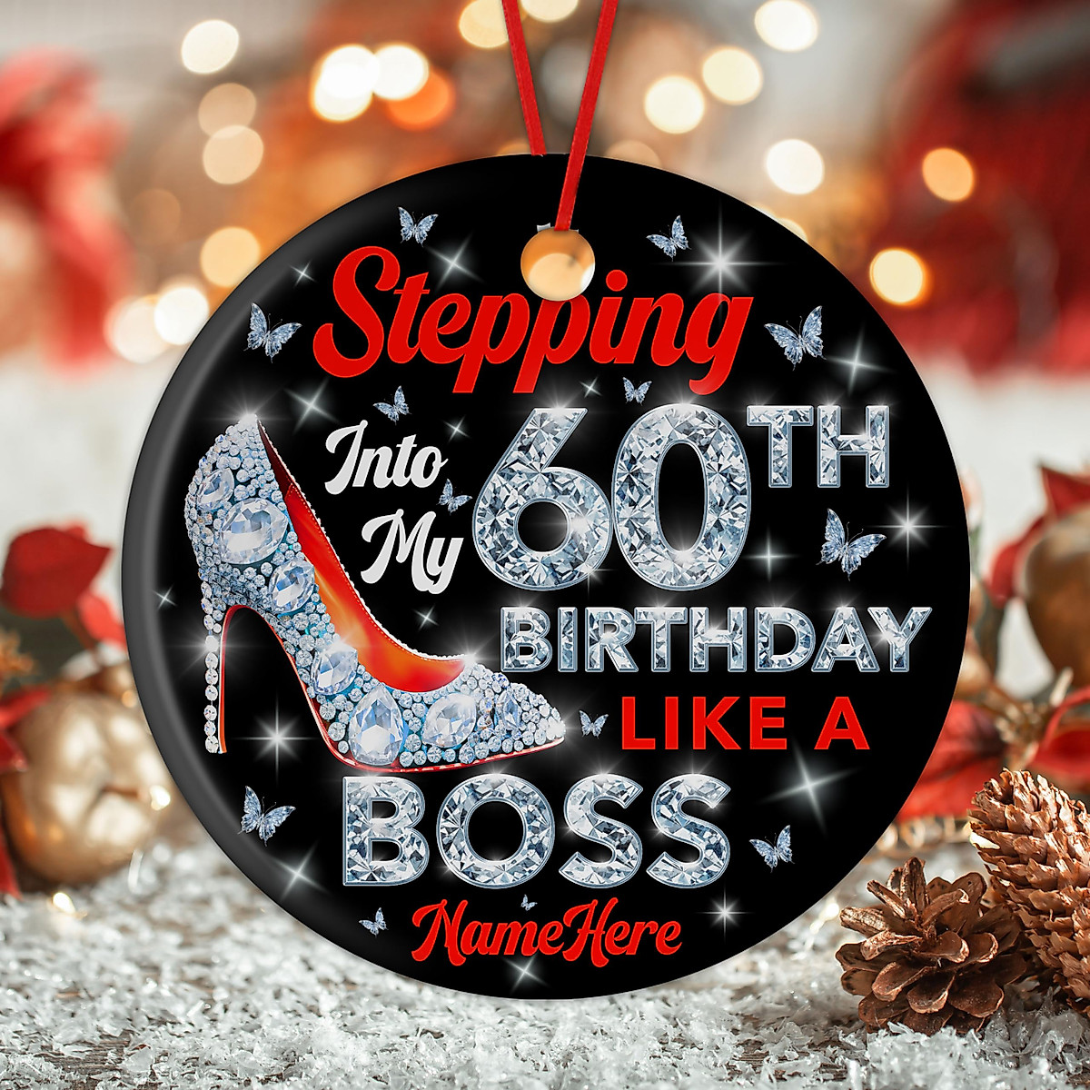 Personalized 60th Birthday Ornament Glittered High Heel Round Ceramic Ornament 3 Inch Keepsake for Birthday Christmas Tree Decoration Inspirational Awesome Bday Party Gift for Women Girls Friends