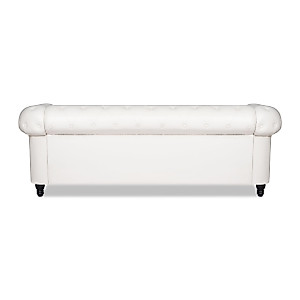 Naomi Home Emery Chesterfield Sofa with Rolled Arms, Tufted Cushions / 3 Seater Sectional Sofa Couch for Small Spaces, Living Room, Bedroom, Apartment Easy Tool-Free Assembly - White, Air Leather