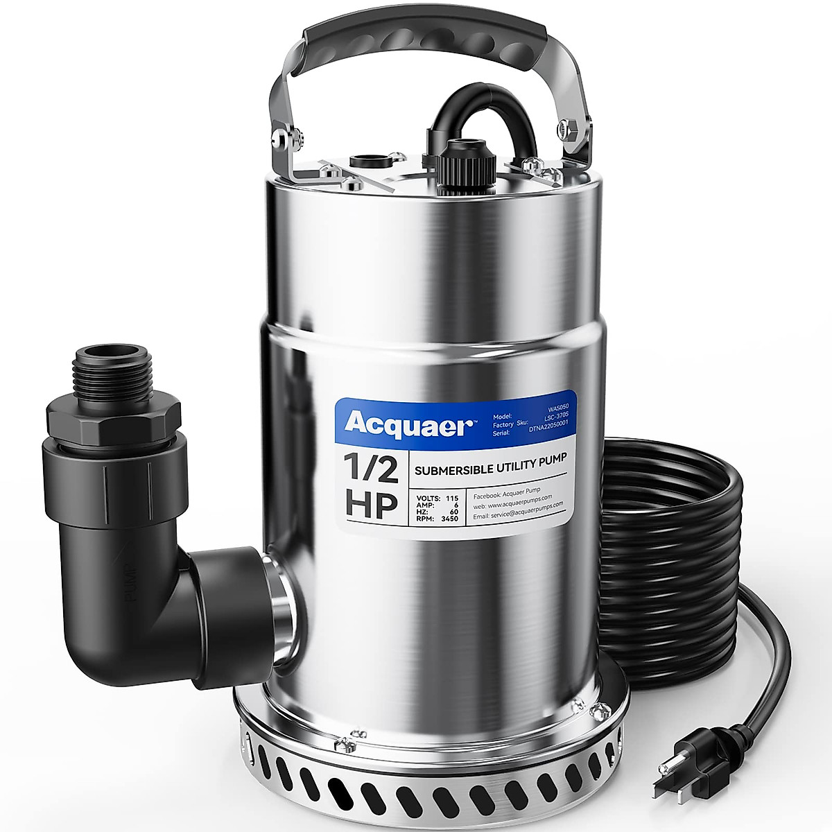 Acquaer 1/2HP Submersible Utility Pump, 3030GPH Stainless Steel Sump Pump, Water Removal for Basement Hot Tub Pool Cover Draining, 30ft Cord