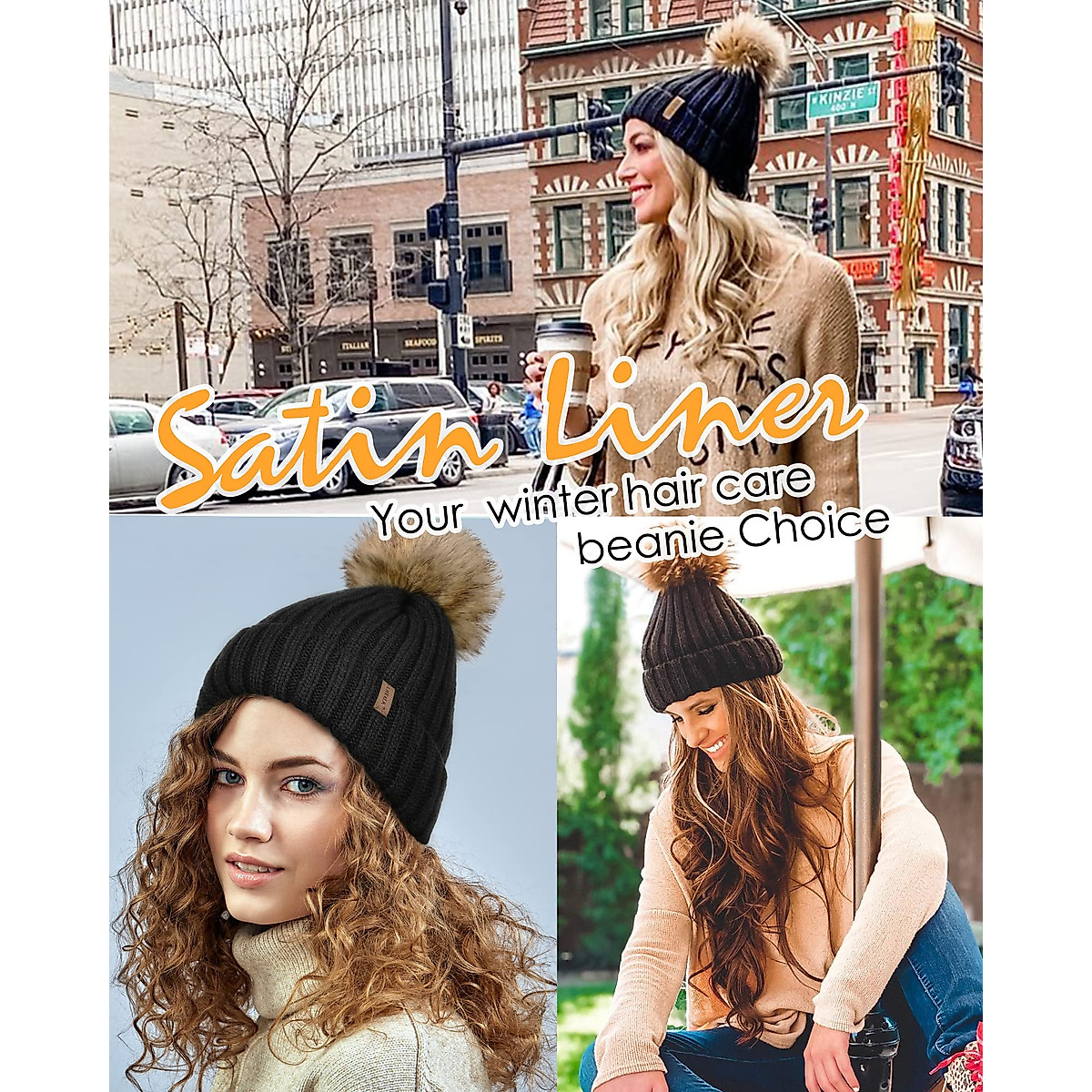 FURTALK Womens Beanie Satin Lined Knitted Beanie with Pom Winter Hat for Women Black