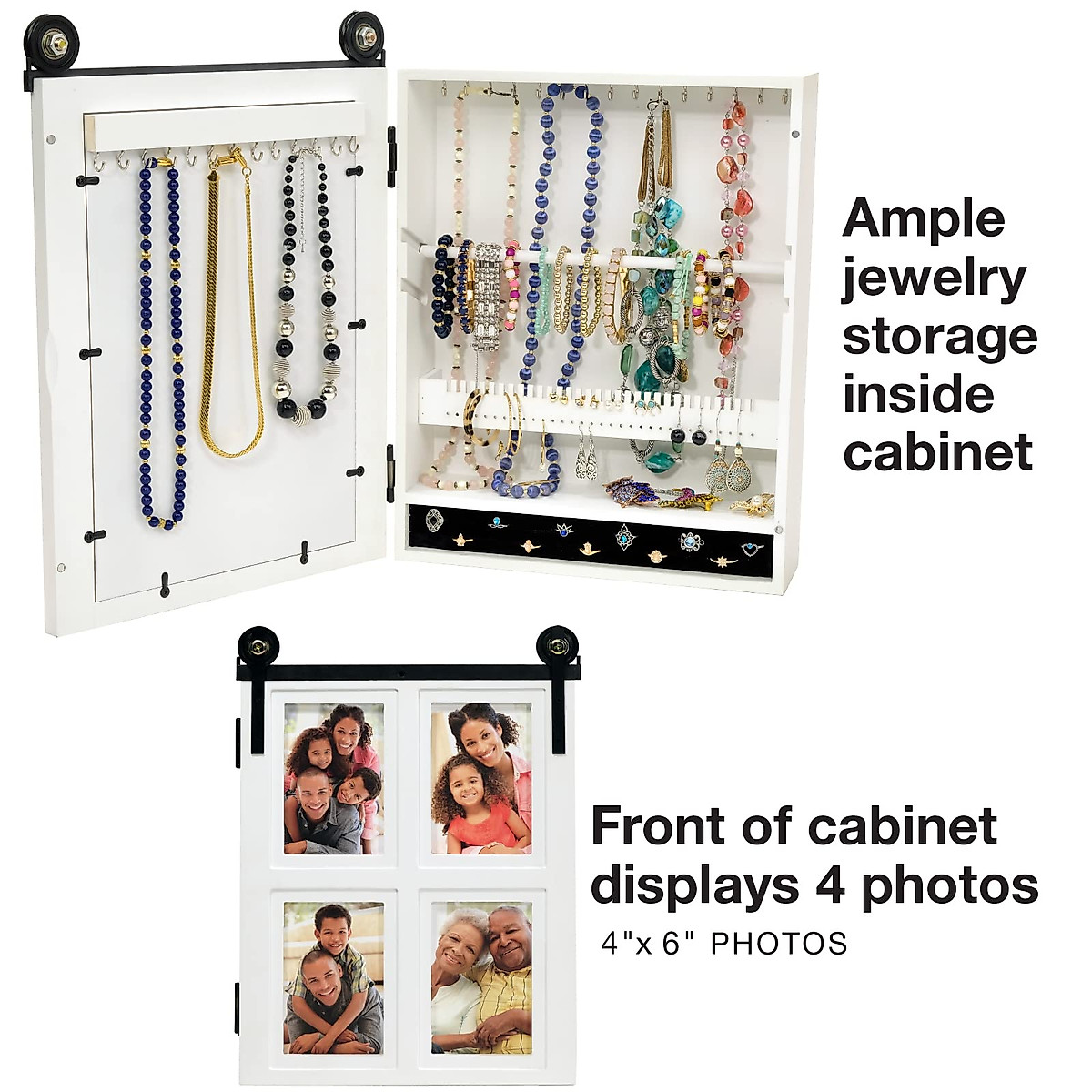 Barndoor Picture Frame Jewelry Organizer - Holds Four 4x6" Photos (White)
