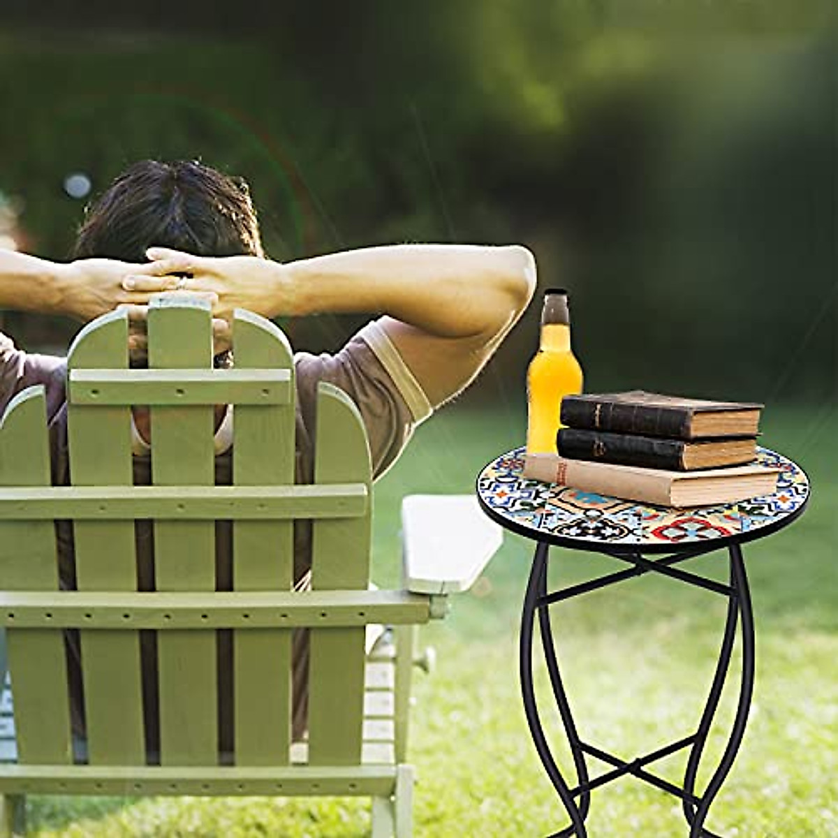 VCUTEKA Outdoor Mosaic Side Table - Small Patio Table Coffee Table Outside Accent Table Round End Plant Table for Bistro Balcony Porch Outdoor Benches 14''