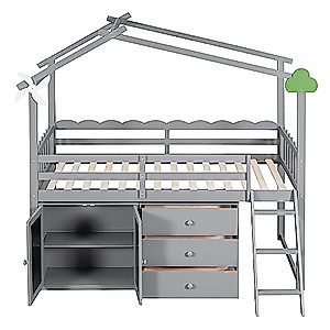 RORIGAT Twin Size House Bed Low Loft Beds for Kids, Wood Playhouse Lofts Bed with Storage Drawers and Cabinet, Fun Montessori Loft Bed with Blackboard, Fence Guardrails for Girls Boys Teens, Gray