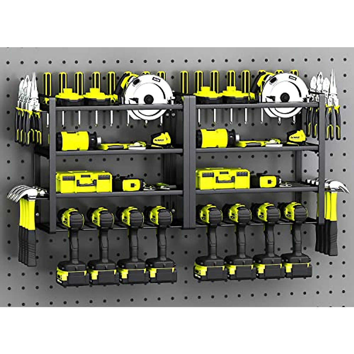 KAFAHOM Power Tool Organizer, 8 Drill Holder Wall Mount, 4 Layers Garage Tool Organizers and Tool Storage Rack, Heavy Duty Metal Tool Shelf with Screwdriver Holder/Plier Holder/Hammer Holder