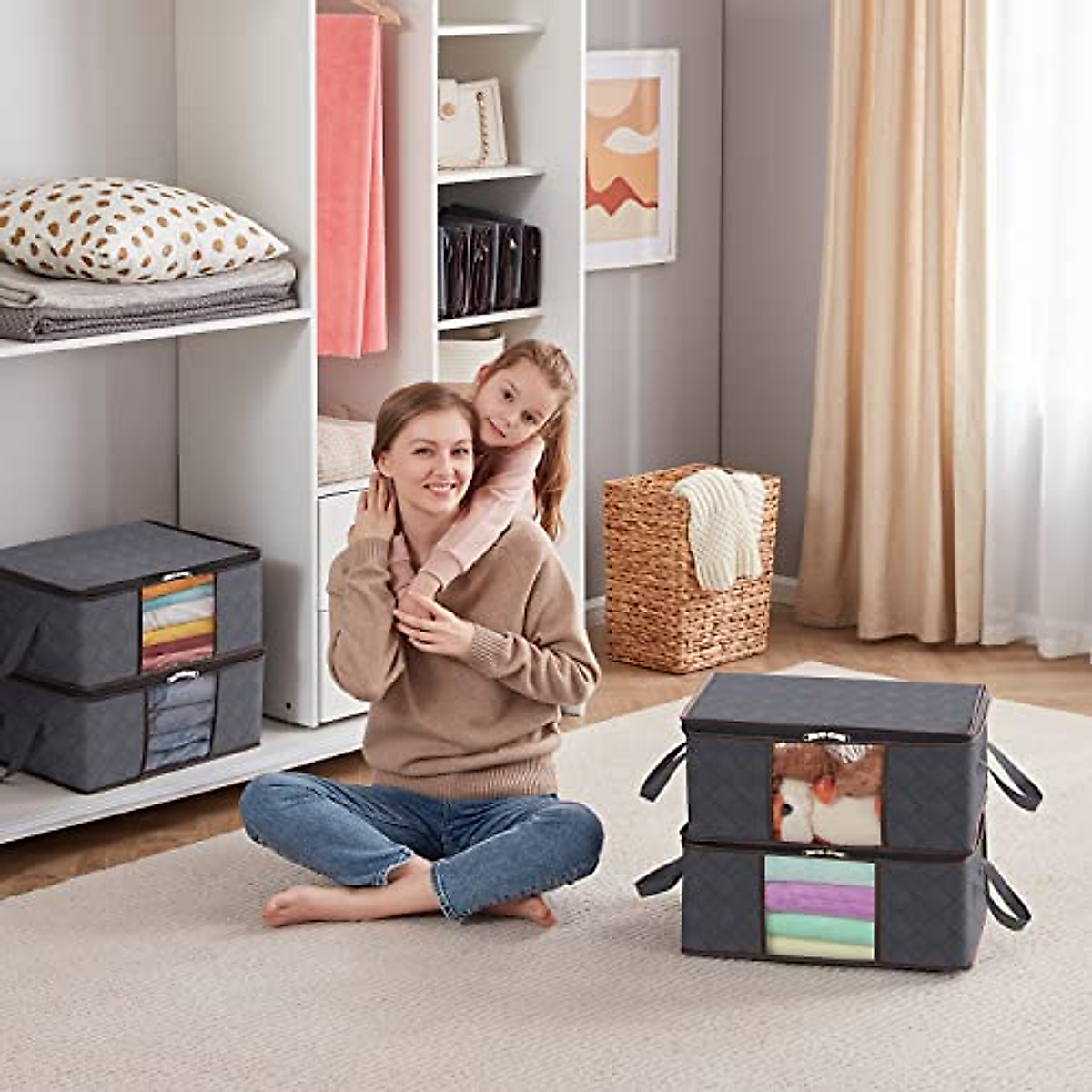 Lifewit Clothes Storage Bag Foldable Storage Bin Closet Organizer with Reinforced Handle Sturdy Fabric Clear Window for Sweaters, Coats, T-shirts, Blankets, 6 Pack, Gray