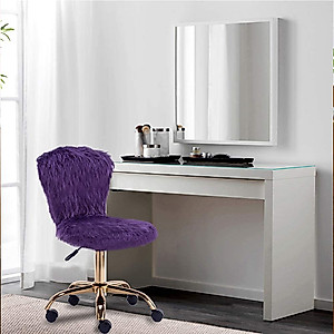 Purple Fur Makeup Small Vanity Chair with Back - Golden Swivel Base Dressing Chair - Adjustable Desk Chair for Beauty Room, Living Room or Home Office - 1 Pack