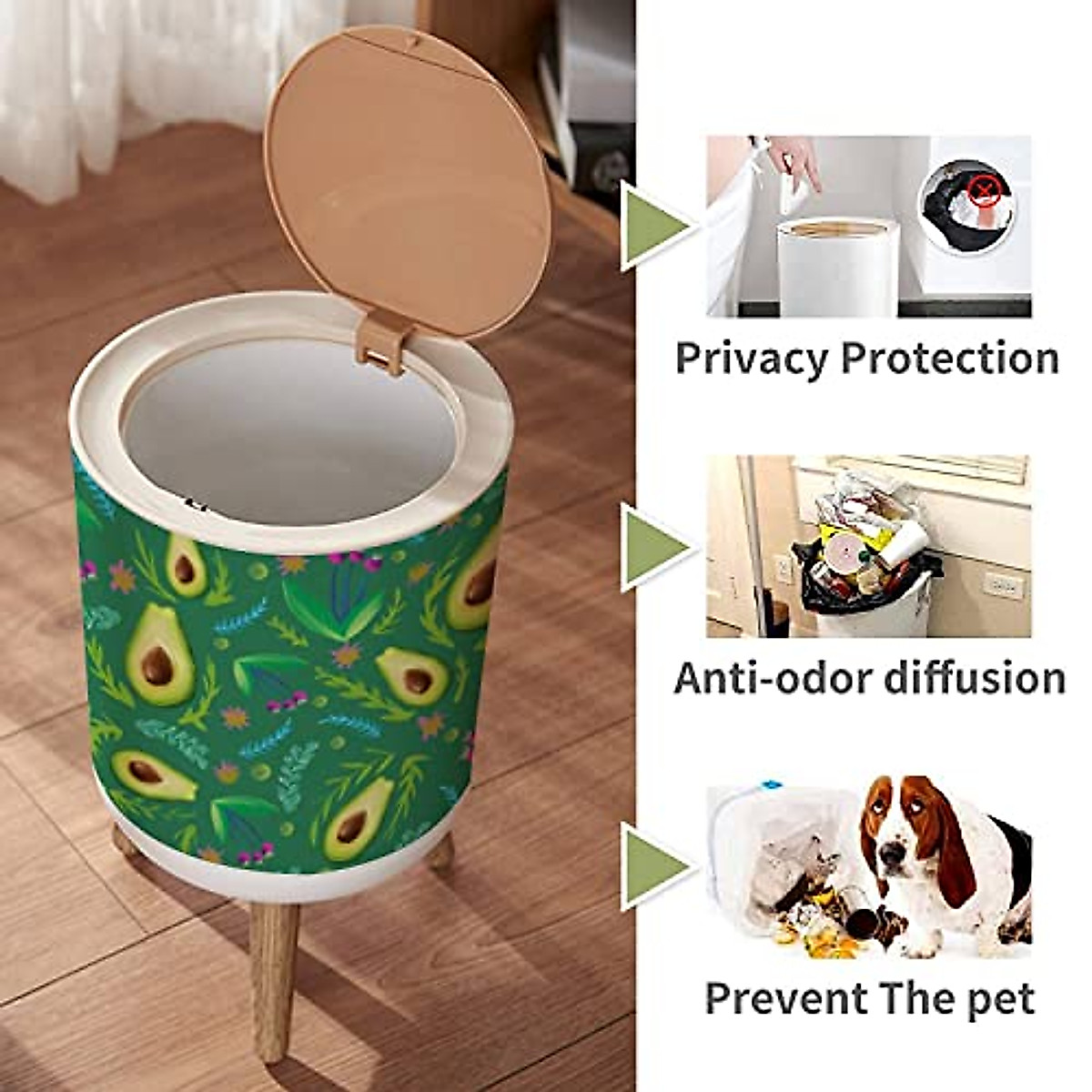 LGCZNWDFHTZ Small Trash Can with Lid for Bathroom Kitchen Office Diaper Combination Avocado Decorative Flowers Bedroom Garbage Trash Bin Dog Proof Waste Basket Cute Decorative