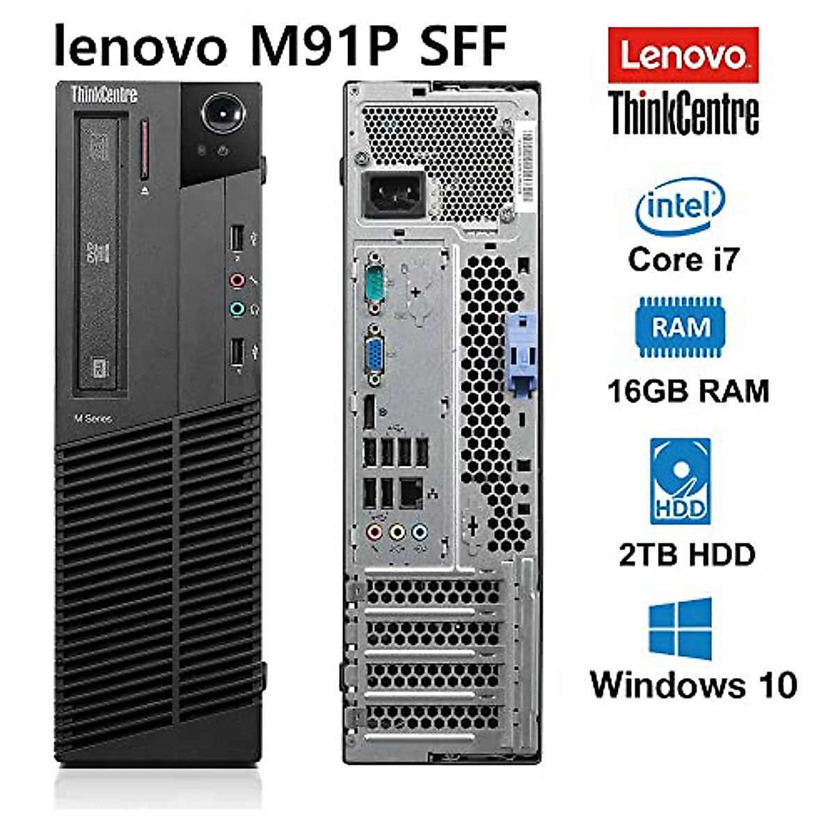 Lenovo Business Desktop Computer, Intel Quad Core i7-2600, 16GB RAM, 2TB HDD, DVD-RW, Keyboard, Mouse, WiFi, Windows 10 Pro (Renewed)