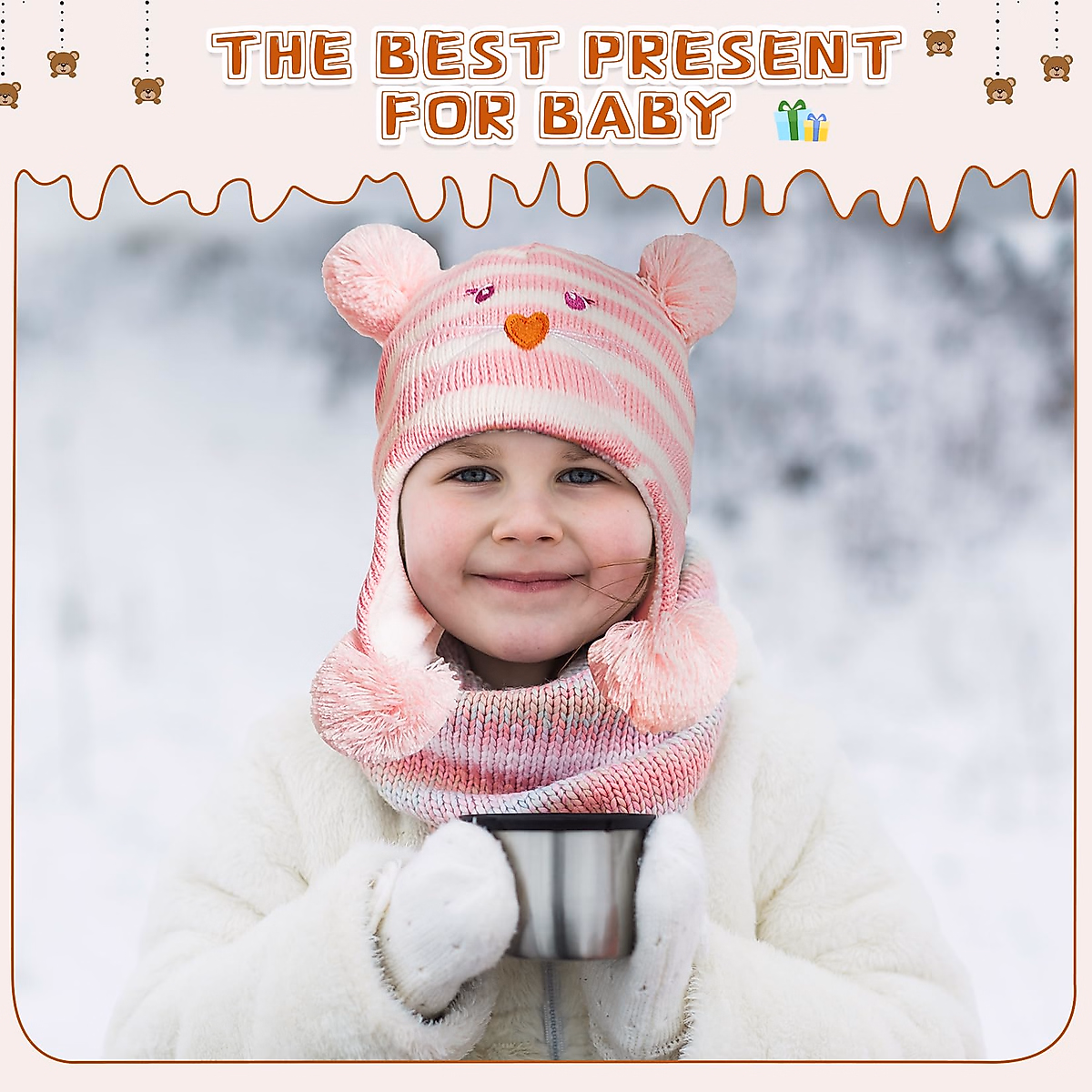 Century Star Baby Boy Hat Winter Fleece Lined Hat Knit Earflap Kids Caps Infant Toddler Hats for Baby Girls with Pom Pom Bear Navy 0-12 Months