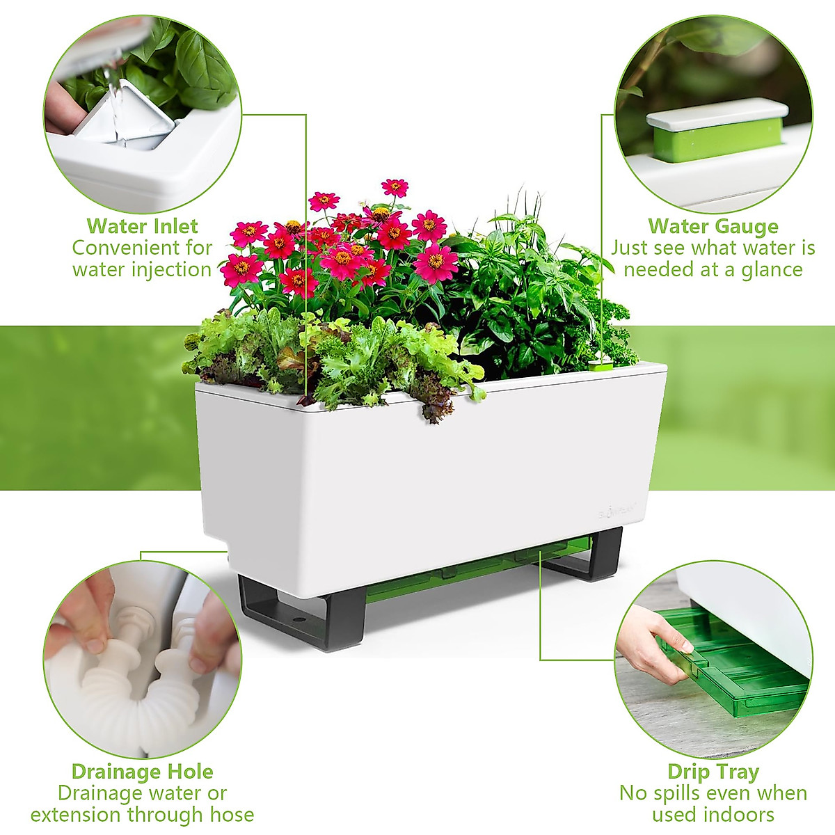Glowpear Self Watering Planter Box - 23.6", White - UV Stable, Scalable Plant Pot with Water Gauge, Indoor Outdoor for Vegetables, Flowers, Herbs, and Succulents, Gardening