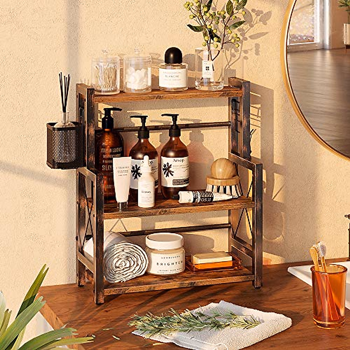 Rolanstar Spice Rack Organizer with Wire Basket, 3-Tier Kitchen Shelf, Wooden Spice Organizer with 2 Hooks, Countertop Bathroom Storage Shelf, Seasoning Rack Rustic, Brown