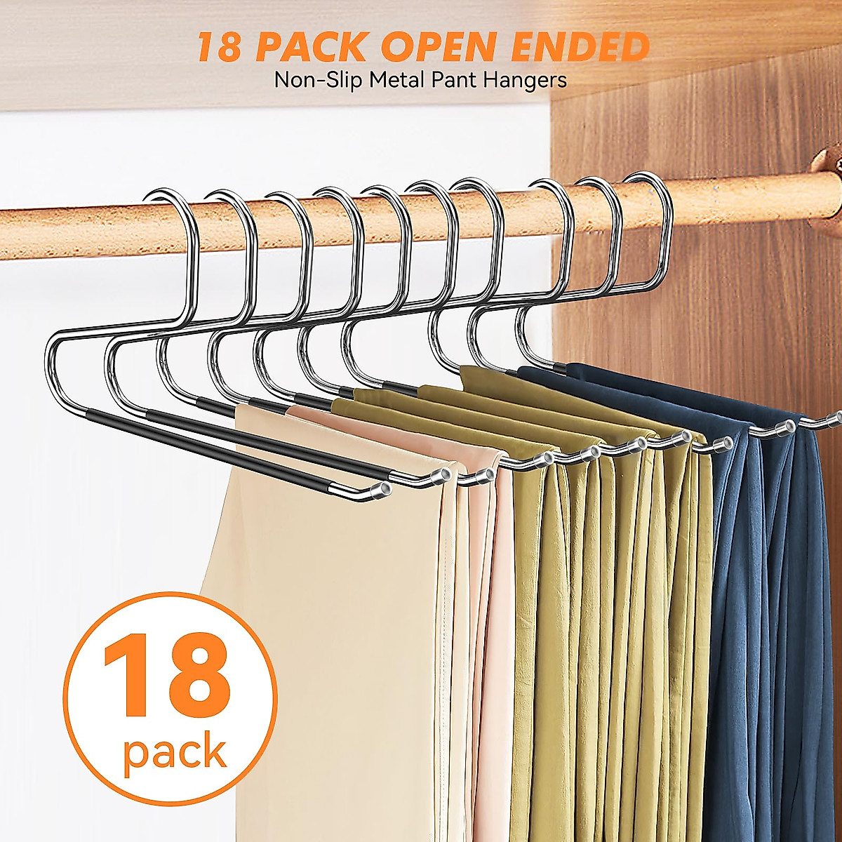 Hodola 18 Pack Pants Hangers Space Saving,Open Ended Metal Pant Hangers,Non Slip Jean Hangers for Men and Women,Closet Storage Organizer for Clothes Leggings Slacks Trouser Ties