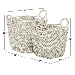 CosmoLiving by Cosmopolitan Cotton Fabric Handmade Decorative and Functional Storage Basket Basket Organizer with Handles, Set of 2 Basket for Storage 16", 18"H, White