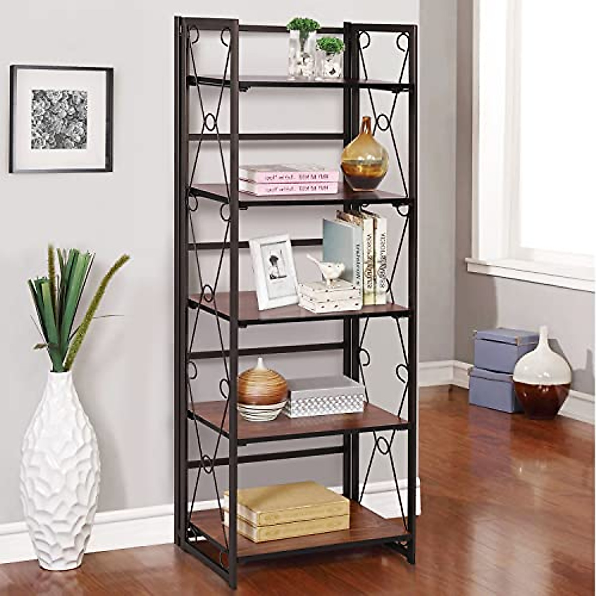 VECELO Bookshelf, 5 Shelf Folding Bookcase No Assembly, Industrial Metal Standing Shelves Organizer for Living Room, Bedroom and Office, Teakwood Brown