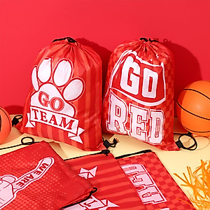 Paterr 12 Pack Team Spirit Drawstring Backpack Bags with We Are #1 Finger Gesture Polyester Red Drawstring Bag Bulk for Gym Sport Spirit Items Cheerleading Party Favors, 16.54 x 13.39 Inch