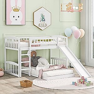 Tidyard Twin Over Twin Bunk Bed with Slide and Ladder, Wood Bed White for Bedroom Dorm Guest Room Home Furniture