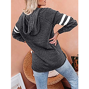 Fashare Womens V Neck Hoodies with Pockets Long Sleeve Striped Pullover Tops Sweatshirt Dark Gray
