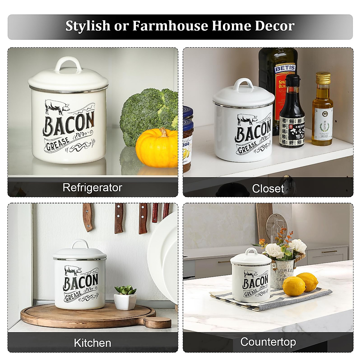 1.3L Bacon Grease Saver Container with Fine Mesh Strainer - Enamel & Stainless Steel Oil Keeper Can for Bacon Fat Dripping - Farmhouse Kitchen Gift & Decor Cooking Accessories - Dishwasher Safe, White