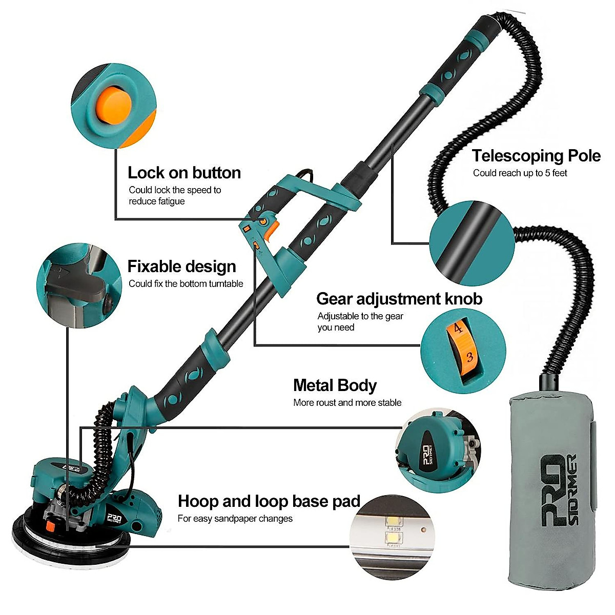 Drywall Sander, Prostormer 6.5A Electric Drywall Sander Machine with Automatic Vacuum System, 500 to 1800RPM Variable Speeds, LED Light, 13Pcs Sanding Pads, Extendable Handle and Carrying Bag