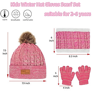 Kids Winter Hat Gloves Scarf Set for 2-6 Years Old Boy Girl Toddler Winter Knit Pompom Beanie Hats Cap Neck Warmer Gloves,rose red-1