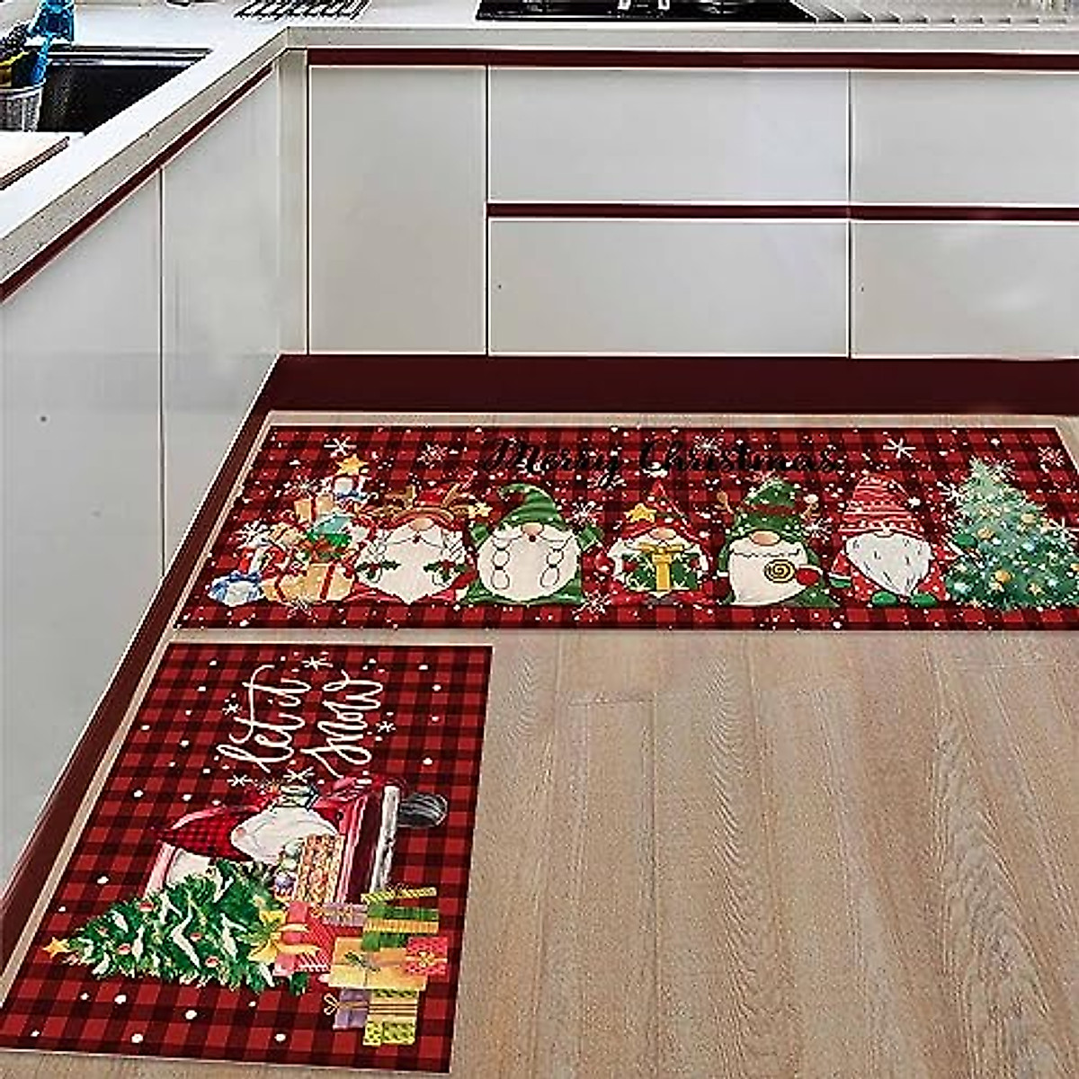Christmas 2Pcs Kitchen Rugs Anti Fatigue Kitchen Mat Non Slip Rug Runner Comfort Standing Floor Mats Kitchen Carpet Set for Sink Laundry - Christmas Red Truck Pull Gnome Xmas Tree Red Buffalo Plaid