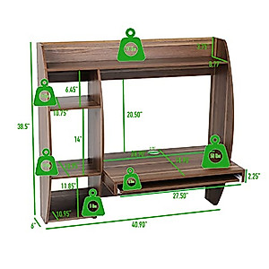 Mind Reader Wall Mounted Floating Wood Desk Table with Storage Shelves and Cable Management, Space Saving Computer Shelf, Office, Brown