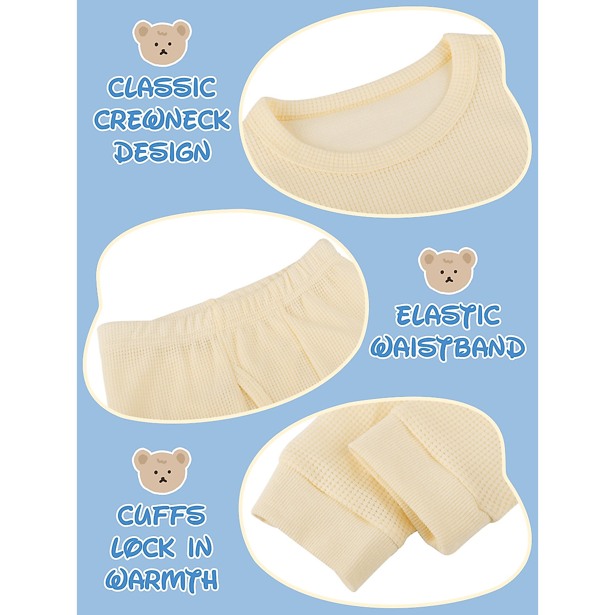 Resinta 3 Sets Boys Waffle Thermal Underwear Set Soft Winter Waffle Thermal Top and Bottom Long Johns Cotton Base Layer