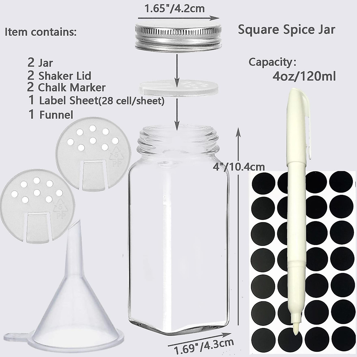 JZMYXA 2-Pack Glass Spice Jars Set, With Spice Labels, Chalk Marker, Funnel, Shaker Lids and Airtight Metal Caps Included, 4oz Empty Spice Bottles, Square/Cylinder (Square)