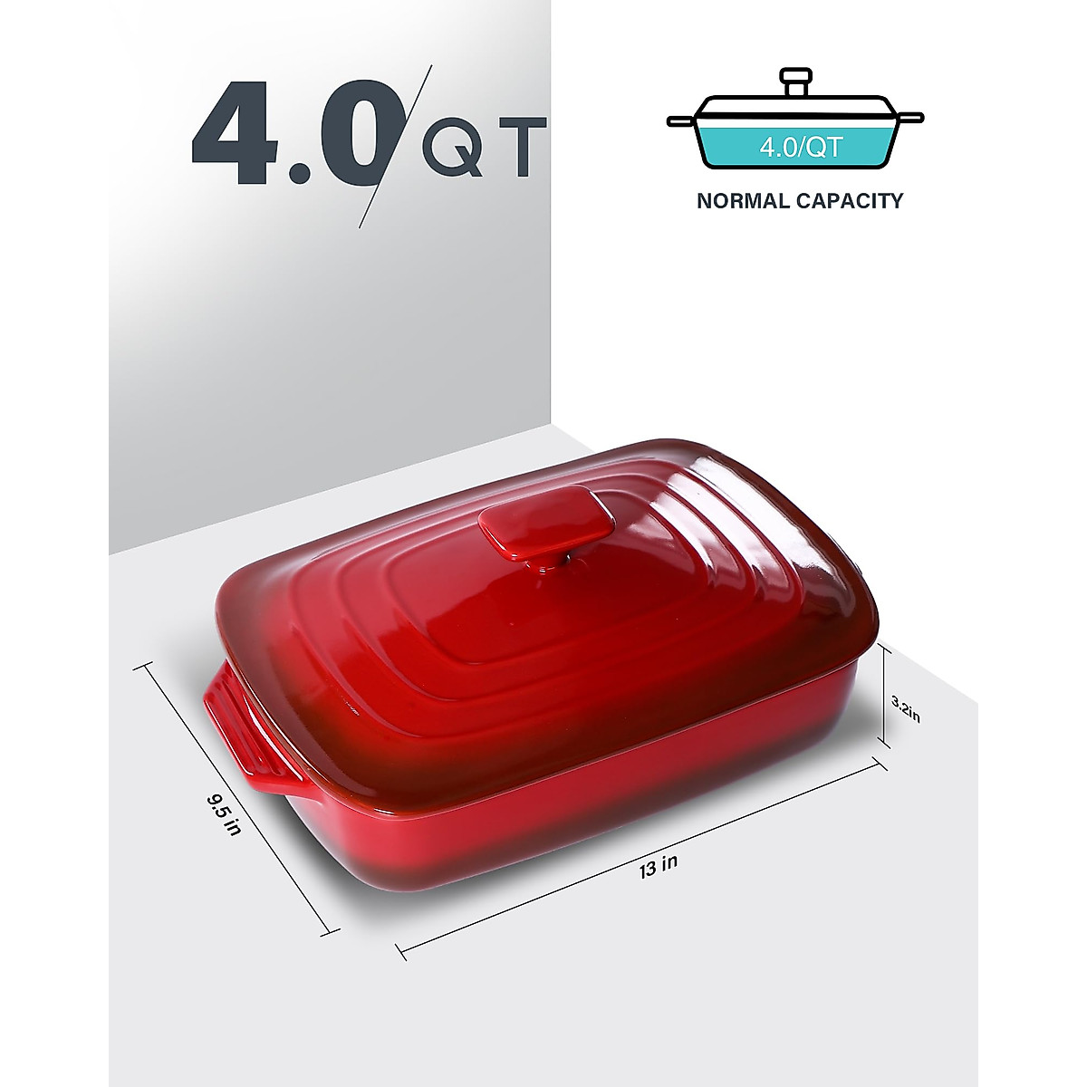 Lareina Large Ceramic Casserole Dish with Lid, 4.0 Quart Covered Rectangular Stoneware Baking Dishes for Oven, Deep 9x13 Inch Lasagna Pans for Baking and Serving, Perfect for Christmas Gifts, Bule