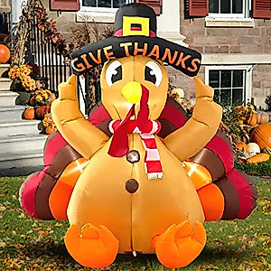 Buheco Thanksgiving Inflatable Turkey Lawn Decoration 6ft Giant Blow Up Turkey Inflatables Outdoor Yard Decorations with Pilgrim Hat Led Light for Happy Fall Holiday Indoor Outside Autumn Home Decor