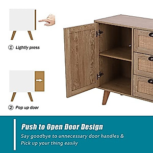 Sophia & William Buffet Sideboard, Rattan Storage Cabinet with 3 Drawers and 2 Doors, Cupboard Console Table with Adjustable Shelves for Kitchen, Dining Room, Living Room, Entryway