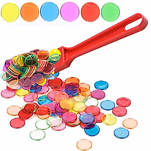 TCOINERY Bingo Chips Set-Magnetic Wand & 100 Counting Chips-6 Colors Transparent Plastic Markers for Family School Learning Game Zoom Bingo and Pokeno Nights