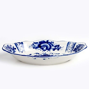 JSC Gzhel 9.8 Inches Hand-painted Porcelain Oval Platter, Grand Serving Platter, Blue and White Porcelain