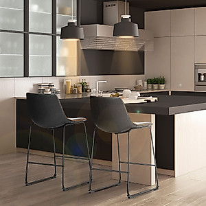 Bar Stools Set of 2, Counter Height Bar Stools with Back, 26 inch Armless Industrial Faux Leather Barstools with Metal Legs and Footrest, Modern Dining Chairs for Home Kitchen Island, Black